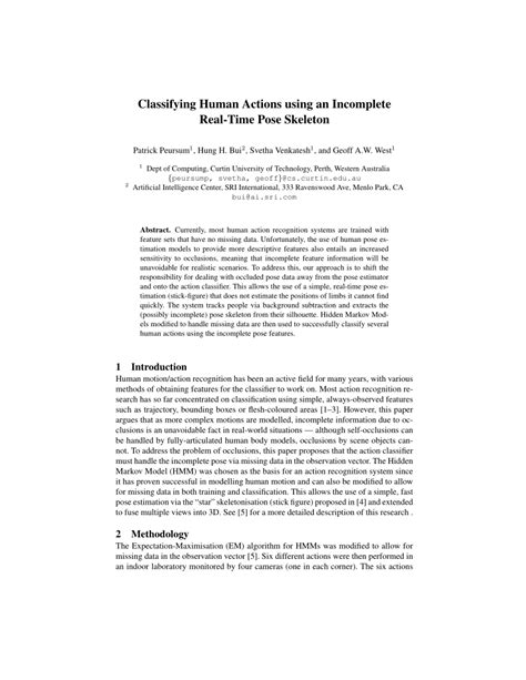 Pdf Classifying Human Actions Using An Incomplete Real Time Pose Skeleton