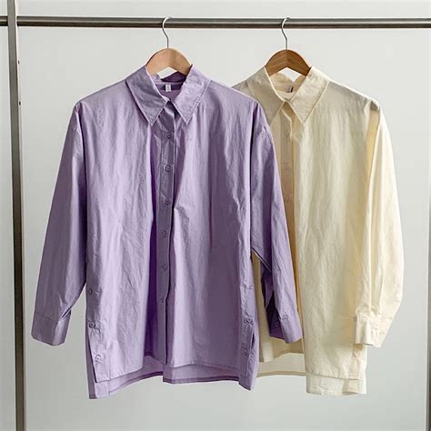 여자 카라 면 코튼 기본 언발 트임 루즈핏 남방 캐주얼 흰색 노란 보라색 랩 셔츠