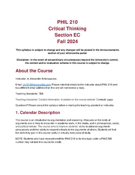 Phil 210 Course Outline Phil 210 Critical Thinking Section Ec Fall 2024 This Syllabus Is