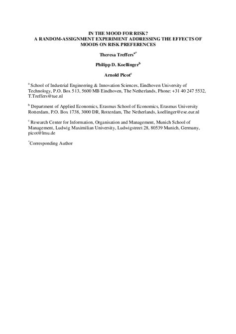 Pdf In The Mood For Risk A Random Assignment Experiment Addressing The Effects Of Moods On