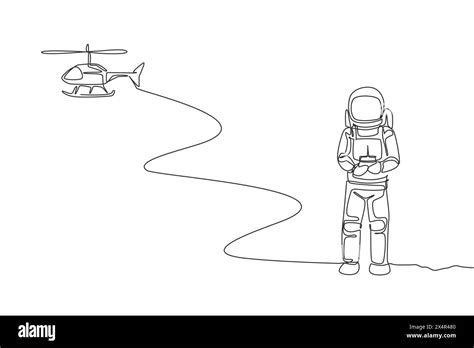 Single Continuous Line Drawing Of Astronaut Playing Helicopter Radio Control In Moon Surface