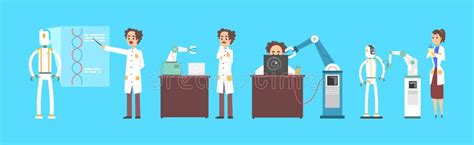 Man And Woman Scientist Inventing Robot And Artificial Intelligence Vector Set Stock