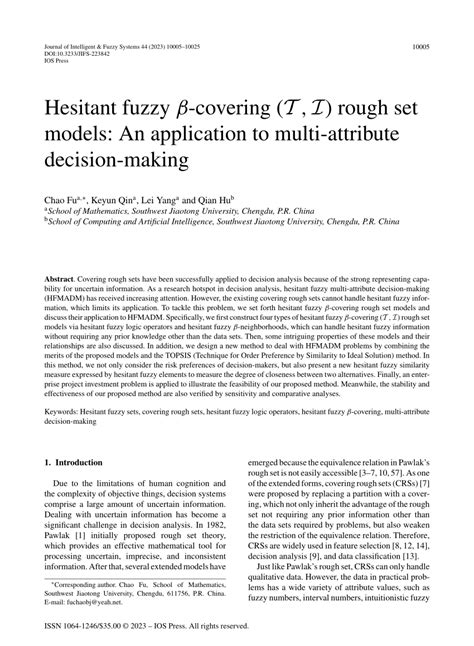 Pdf Hesitant Fuzzy β Covering T I Rough Set Models An Application To Multi Attribute