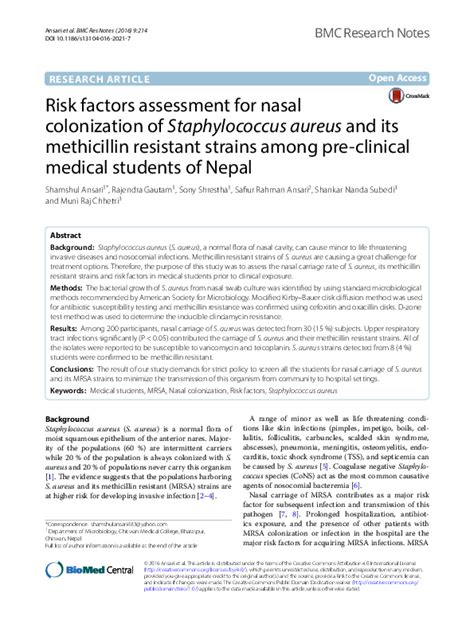 Pdf Risk Factors Assessment For Nasal Colonization Of Staphylococcus Aureus And Its
