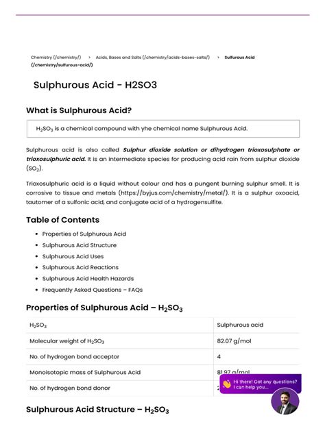 Sulphurous Acid H2so3 Structure Molecular Mass Properties And Uses