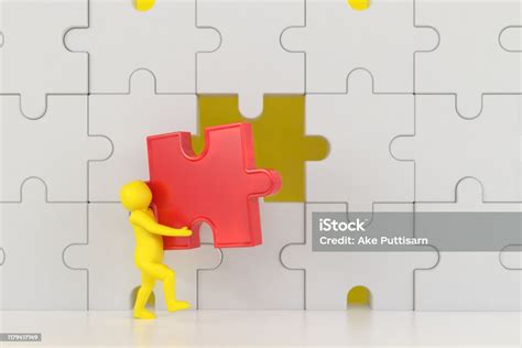 캐릭터는 임무를 완료하기 위해 직소 퍼즐의 마지막 조각을 입고있다 바닥 및 배경의 선택 경로를 포함합니다 개념에 대한 스톡 사진 및 기타 이미지 Istock