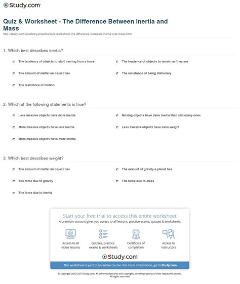 quiz worksheet the difference between inertia and mass — db