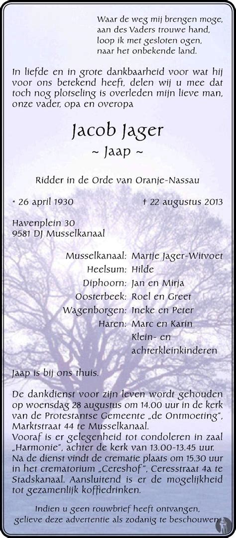 jacob jaap jager 22 08 2013 overlijdensbericht en condoleances