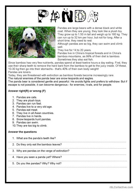 Easy Reading Panda General Readin English Esl Worksheets Pdf And Doc