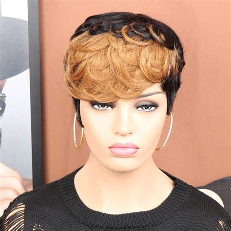 Vck Short Pixie Cut Wig Human Hair Wavy Wig With Bangs