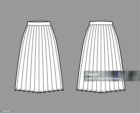 스커트 사이드 나이프 플리츠 테크니컬 패션 일러스트와 아래 무릎 실루엣 원형 의 충만 두꺼운 허리 밴드 0명에 대한 스톡 벡터 아트 및 기타 이미지 Istock