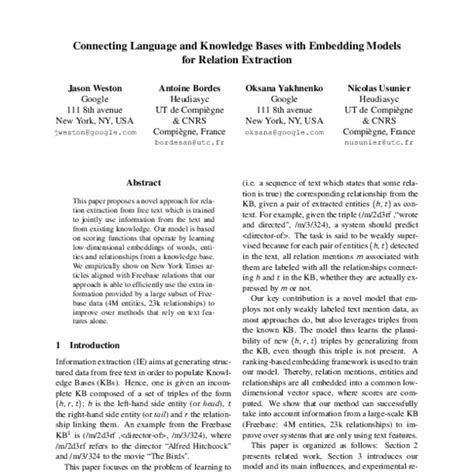 Connecting Language And Knowledge Bases With Embedding Models For Relation Extraction Acl