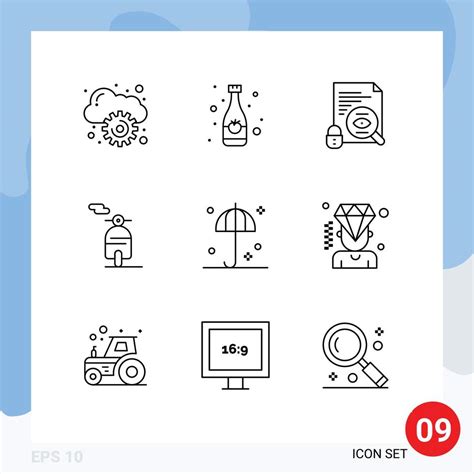 Set Of 9 Vector Outlines On Grid For Umbrella Safety Search Protection Scooter Editable Vector