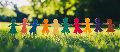 Colorful Paper Cutout Figures Holding Hands In A Circle On Green Grass