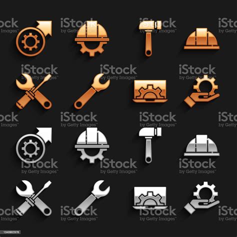 렌치 스패너 작업자 안전 헬멧 손의 설정 노트북 장비 스크류 드라이버 렌치 해머 기어 화살표를 워크플로우 프로세스 및 아이콘으로 설정합니다 벡터 강철에 대한 스톡 벡터 아트