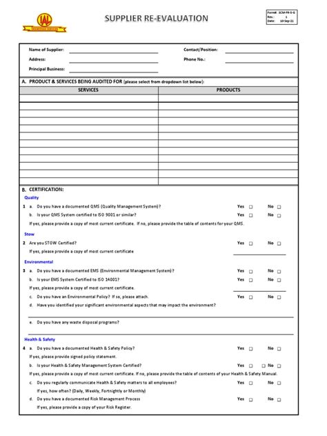 Scm Fr 5 G Supplier Re Evaluation Form Pdf Verification And Validation Business