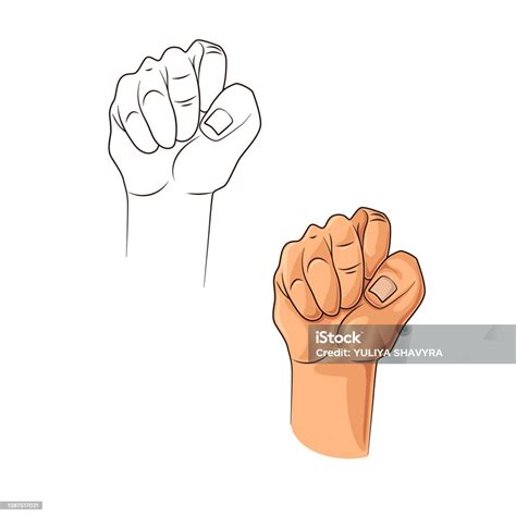 손을 들어 주먹으로 움켜쥐었다 자유 혁명 항의와 권리를 위해 싸우는 상징 그림 손가락과 엄지 손가락을 정의하는 라인이있는 남성 주먹의 실루엣 저항 및 스트라이크 개념