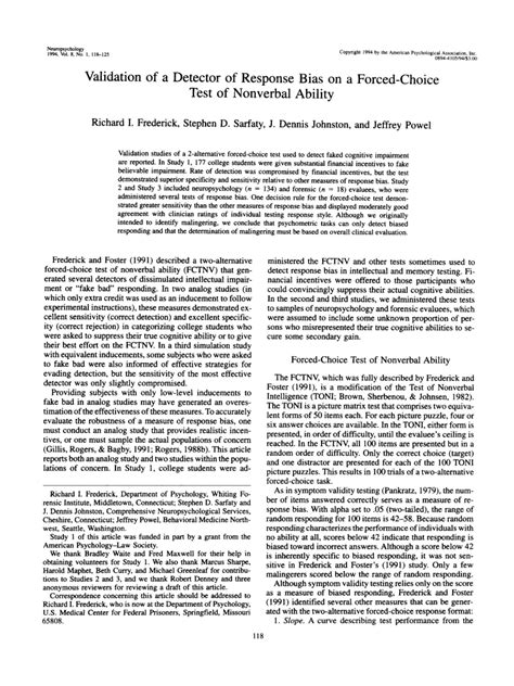 Pdf Validation Of A Detector Of Response Bias On A Forced Choice Test