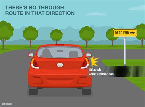 안전 운전 요령 및 교통 법규 오른쪽 기호 의미의 막다른 골목 우회전하는 빨간 차의 뒷모습 벡터 일러스트 레이 션 템플릿 막다른 길에 대한 스톡 벡터 아트 및 기타 이미지
