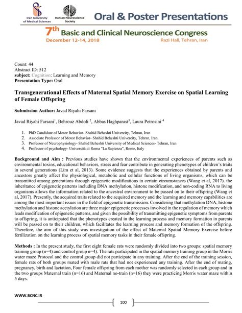 Pdf Transgenerational Effects Of Maternal Spatial Memory Exercise On