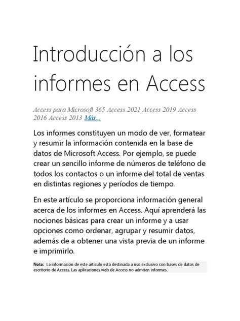 Introducción A Los Informes En Access Pdf Bases De Datos Acceso Microsoft