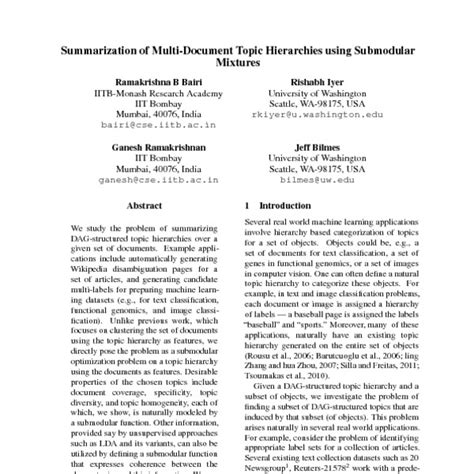 Summarization Of Multi Document Topic Hierarchies Using Submodular