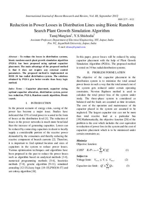 Pdf Reduction In Power Losses In Distribution Lines Using Bionic Random Search Plant Growth