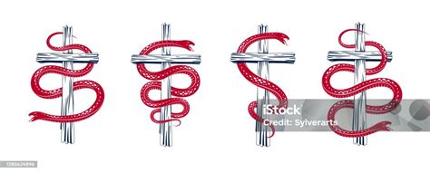 뱀은 기독교 십자가 선과 악 성자와 죄인 사랑과 증오 삶과 죽음의 상징적 인 벡터 일러스트 로고 엠블럼 또는 문신 사이의 투쟁을