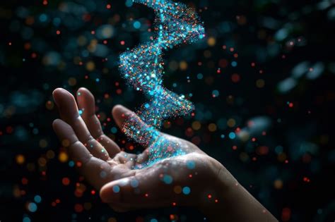 Blue And White Digital Dna Helix Held In Hand Dark Background Intricate Molecular Structure