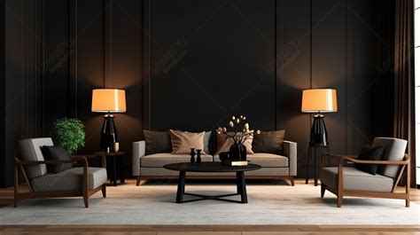Hampton에서 영감을 받은 안락의자가 있는 세련된 Japandi에서 영감을 받은 어두운 거실 3d 렌더링 일러스트레이션 배경 거실 배경 안락 배경 어두운 배경