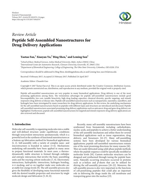Pdf Peptide Self Assembled Nanostructures For Drug Delivery Applications