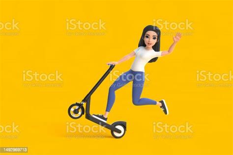 하얀 티셔츠와 청바지를 입은 만화 재미있는 귀여운 소녀는 전기 스쿠터를 타고 노란색 배경에 극단적인 트릭을 만든다 3차원 형태에 대한 스톡 사진 및 기타 이미지 Istock
