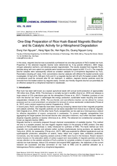 Pdf One Step Preparation Of Rice Husk Based Magnetic Biochar And Its Catalytic Activity For P