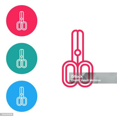 빨간색 라인 가위 미용사 아이콘 흰색 배경에 격리 미용사 패션 살롱 및 이발사 표지판 이발소 기호 원 버튼에 아이콘을 설정합니다 벡터 일러스트레이션 가위에 대한 스톡 벡터