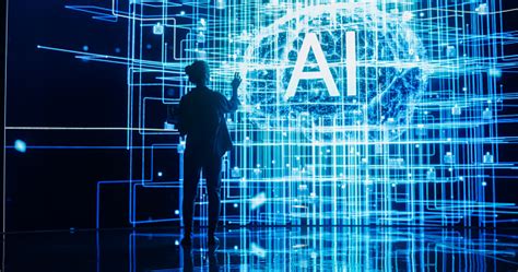 노트북 컴퓨터를 들고 큰 디지털 화면 옆에 서서 Ai 신경망 3d 시각화와 상호 작용하는 여성의 뒷모습 빅데이터 정보를 분석하는 전문 여성 매니저 3차원 형태에 대한 스톡