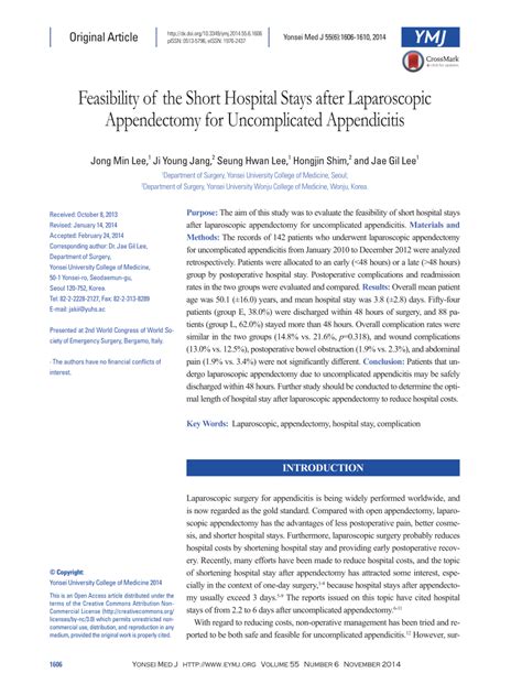 Pdf Feasibility Of The Short Hospital Stays After Laparoscopic Appendectomy For Uncomplicated