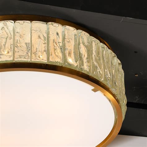 Mid Century Brass Fitted Textured And Frosted Glass Flush Mount By