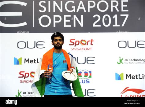 Singapore 16th Apr 2017 Indias Sai Praneeth Poses During The Awarding Ceremony After The Men