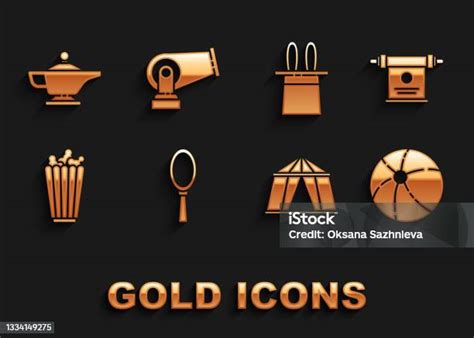 매직 핸드 미러 스크롤 비치 볼 서커스 텐트 팝콘 박스 마술사 모자 토끼 귀 램프 알라딘과 캐논 아이콘을 설정합니다 벡터 거울에 대한 스톡 벡터 아트 및 기타 이미지