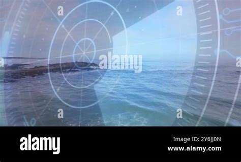 Radar Scanning Animation Over Ocean Landscape Waves Surveillance