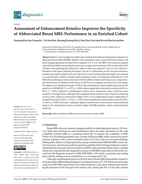 Pdf Assessment Of Enhancement Kinetics Improves The Specificity Of Abbreviated Breast Mri