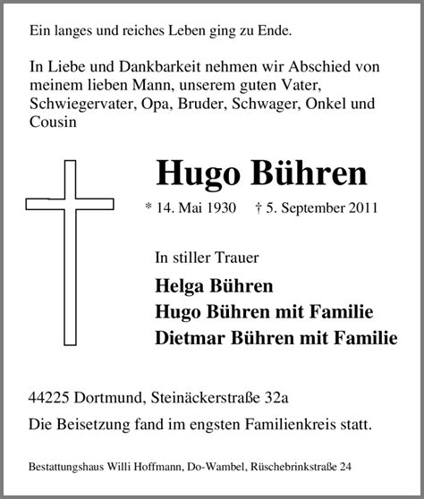 Traueranzeigen Von Hugo Bühren Trauer In Nrw De