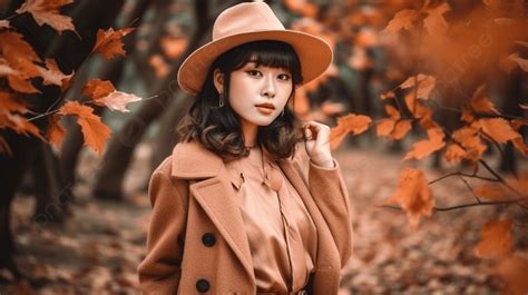 모자와 코트에 가을 사진 촬영 아시아 아름다움 소녀 가을 옷을 입고 많은 낙엽 위를 걷는 20대 멋쟁이 소녀 고화질 사진 사진 말뿐인 배경 일러스트 및 사진 무료