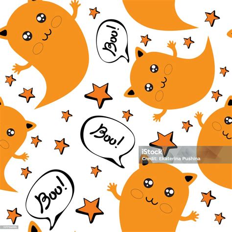 벡터에서 원활한 패턴 행복 할로윈 장식 하늘에서 별과 달 사이 를 비행 귀여운 유령 고양이와 할로윈 파티를위한 귀여운 낙서