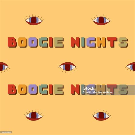 레트로 그루비 타이포그래피 슬로건 인용문 부기 나이트는 노란색 배경에 트리피 눈으로 인쇄합니다 트렌디한 60년대 70년대 사이키델릭 레터링 디자인 카드 포스터 티셔츠 벡터