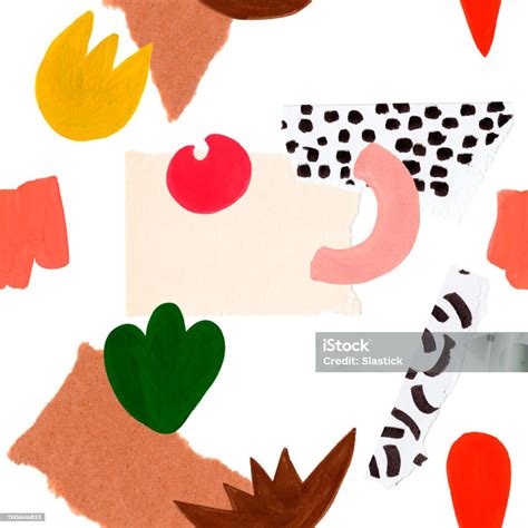 구 아 슈와 종이 콜라주 완벽 한 패턴입니다 Trandy 추상 콜라주입니다 종이 요소 스케치 낙서 선 도트 꽃 나뭇잎 모양을 잘라냅니다 손으로 그린 그림 포장 커버 등 0