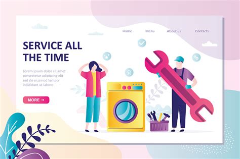 거대한 렌치와 잘 생긴 수리인 수리 서비스 방문 페이지 제복을 입은 장병 근처에 도구가있는 남성 노동자와 상자 수리에 대한 스톡 벡터 아트 및 기타 이미지 Istock