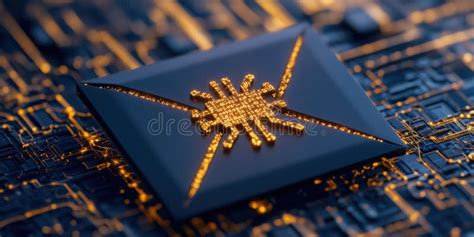 Glowing Microchip With Warning Symbol On Futuristic Circuit Board Stock