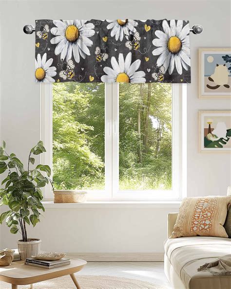 Curtain Valance For Windowswatercolor Farm Daisy Flower Bee Kitchen Valances Rod Pocket Short