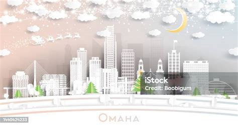 오마하 네브래스카 시티 스카이라인은 눈송이 달 네온 화환이 있는 종이 컷 스타일입니다 오마하에 대한 스톡 벡터 아트 및 기타 이미지 오마하 스카이라인 네브라스카